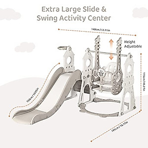 DUKE BABY 4-in-1 Kids Slide and Swing Set - Perfect for Toddlers 1-5 Years - Extra-Large Indoor and Outdoor Playground - Includes Slide, Swing, Basketball Hoop, and Climber – Grey and White