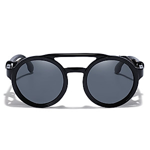 MUDIWRLO Polarized Round Steampunk Sunglasses with Leather Side Double Bridge Shield Retro Eyewear for Men Women(Black)
