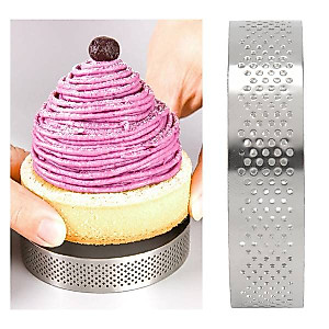 Exogio 10Pcs Circular Tart Ring 8 cm, Stainless Steel Porous Tart Bottom Ring, Heat-Resistant Perforated Pie Cake Mousse Mould Baking for Kitchen, Dessert Making