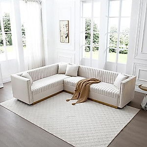 FANYE 2PCS Contemporary Sofa Sets Vertical Channel Velvet Tufted Sofa&Couch Include 3 Seaters CouchX2, L-Shaped Corner Sectional W/Gold Metal Strip Decor for Apartment Office Living Room Sets
