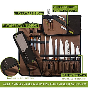 EVERPRIDE Chef Knife Roll Bag Holds 10 Knives – Contains 2 Large Zippered Pockets for Meat Cleavers and Cooking Tools – Durable Knife Carrier Case for Chefs and Culinary Students – Knives Not Included