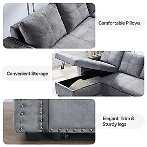 Morden Fort Sectional Sleeper Sofa with Pull Out Bed Storage, Queen Size 91 inches Sofa Bed, L-Shape Sectional Couch with Comfy Chaise Seat Sectional Sleeper Couch for Living Room, Velvet Grey