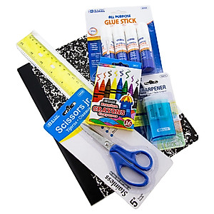 BAZIC School Kit Pack 60 Count, School Supply Box for Elementary Student K-6, Ruler Composition Book Pencil Eraser Crayon, 1-Pack