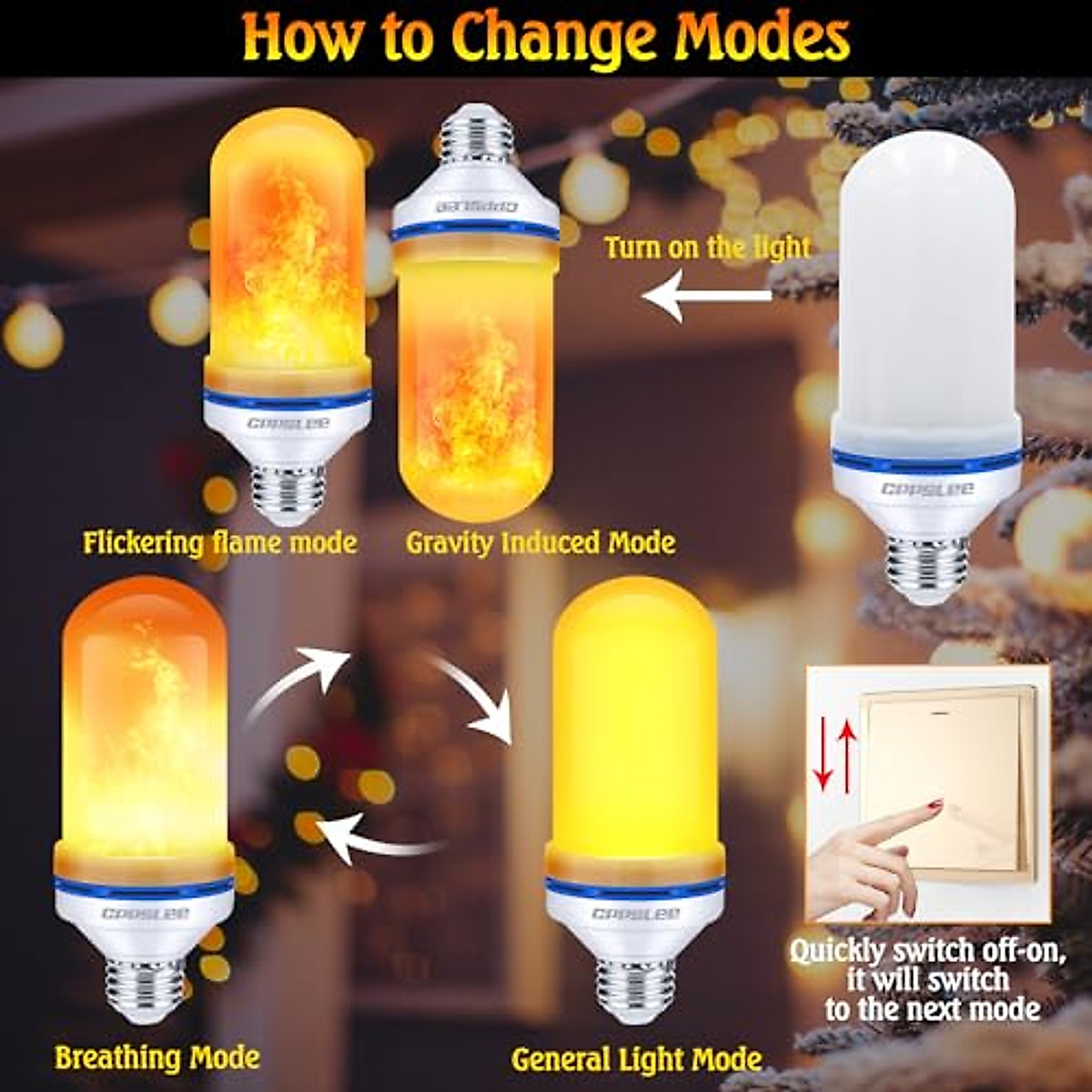 CPPSLEE LED Flame Light Bulbs, 4 Modes Flickering Light Bulbs, E26 Base Fire Flame Bulb, Halloween, Christmas Party Porch Outdoor and Indoor Home Decorations(Yellow, 2 Pack)