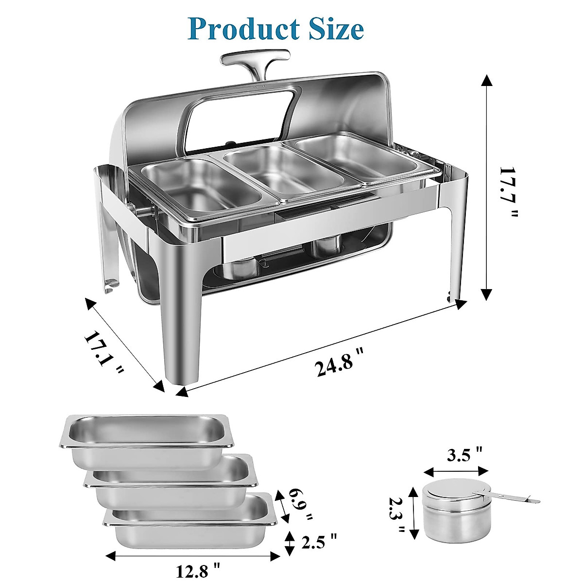 Amhier 9 Qt Chafing Dish Buffet Set with Visible Roll Top, Stainless Steel Buffet Servers and Warmers for Catering, Parties, Hotels and Weddings, 3 Pan