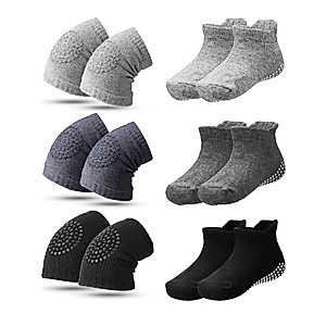 SATINIOR 6 Pairs Baby Knee Crawling Pads Anti-Slip Knee Protectors Toddler Infant Boys Girls Non-Slip Socks (Black, Dark Gray, Light Gray), One Size