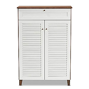 Baxton Studio Coolidge Modern and Contemporary White and Walnut Finished 5-Shelf Wood Shoe Storage Cabinet with Drawer