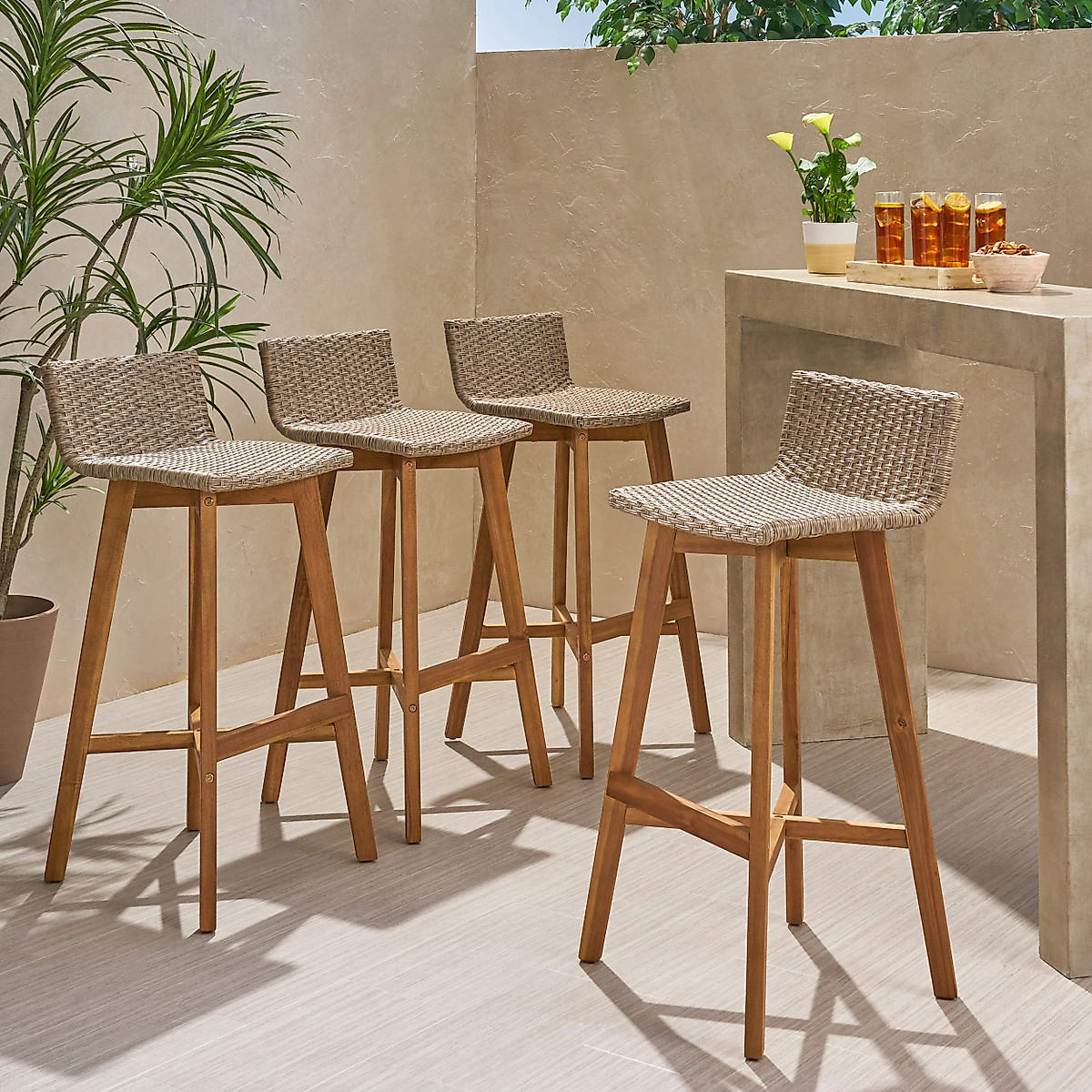GDFStudio Outdoor Wood & Wicker Barstools (Set of 4), Light Brown and Teak