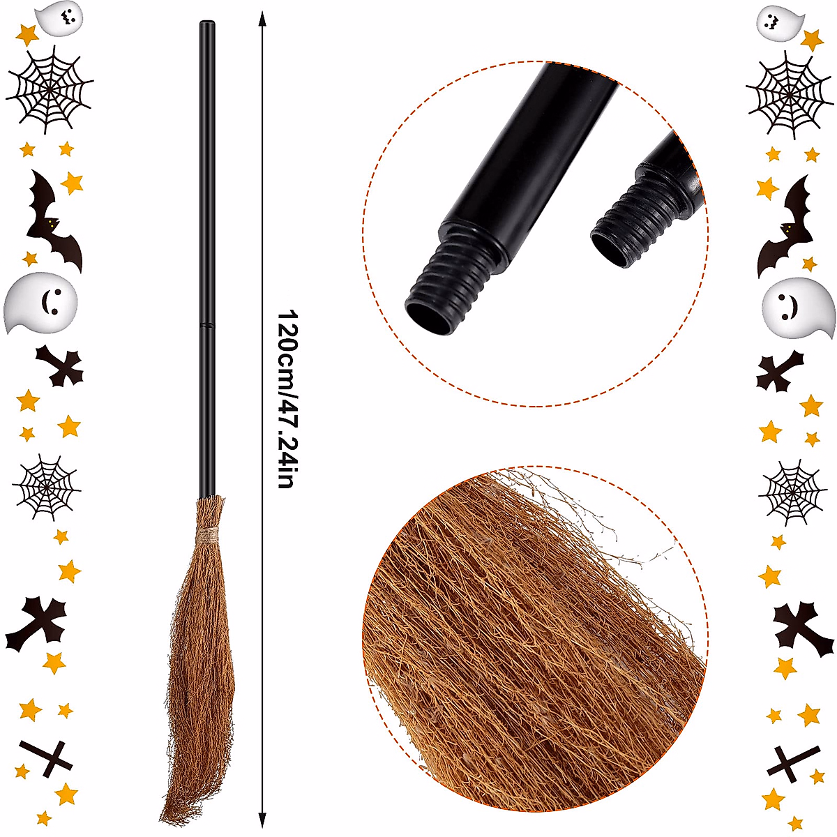 3 Pcs Kids Witch Halloween Cosplay Costume Includes Hooded Long Cloak Large Ruched Halloween Witch Hat Witch Broomstick(Retro)