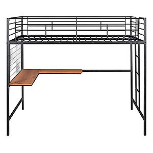 TMEOSK Full Size Metal Loft Bed Frame with L-Shape Desk and Decoration Metal Grid, Space Saving Loft Bed with Ladder and Safety Guardrail for Boys Girls Teens Adults, No Box Spring Needed (Black)