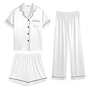 SWOMOG Womens 3pcs Satin Pajamas Shorts Set Button Down Short Sleeve Pjs Loungewear Long Lounge Pants with Pockets White