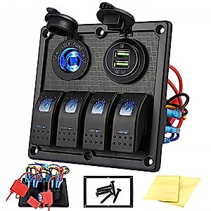 Kohree 4 Gang Marine Boat Rocker Switch Panel, 12V Waterproof LED Lighted Toggle Switches Fuse Breaker Protected Control with QC3.0 USB Power Outlet for Car Boat RV Scooter Truck Vehicles
