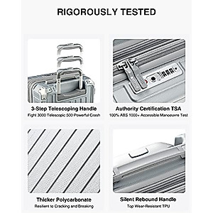 LUGGEX PC Carry On Luggage 22x14x9 Airline Approved - Expandable Hardside Luggage with Spinner Wheels - 4 Metal Corner Hassle-Free Travel (Silver Suitcase)