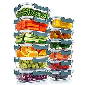 KOMUEE 12 Packs Glass Meal Prep Containers Set, Glass Food Storage Containers with Locking Lids, Airtight Glass Lunch Containers, BPA Free, Microwave, Oven, Freezer & Dishwasher Friendly，Gray