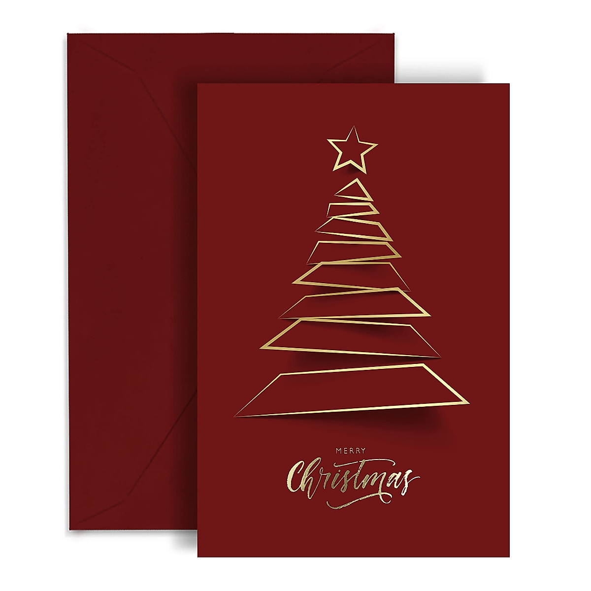 easykart labels 20 Christmas Greeting Cards with Gold Foiling Xmas Tree, 6.75 x 4.5 Size, Dark Red Self Paper with Red Envelope with Seal Stickers For Friends, Family and loved Ones