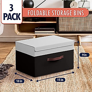 Ornavo Home 3 Pack Collapsible Storage Bins with Lid, Foldable Linen Fabric Shelf Storage Basket Closet Organizer and Large Storage Box for Clothes with Leather Handles, 15 x 10 x 9, White/Black