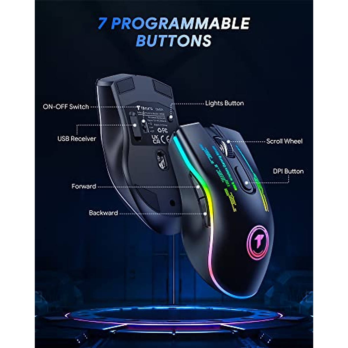 TECURS Gaming Mouse Wireless Gaming Mouse,USB Optical Computer Mouse Mice with 5 LED Lights,Rechargeable Gamer Mouse,4800 DPI for Laptop PC Gamer Desktop Chromebook Mac,Black