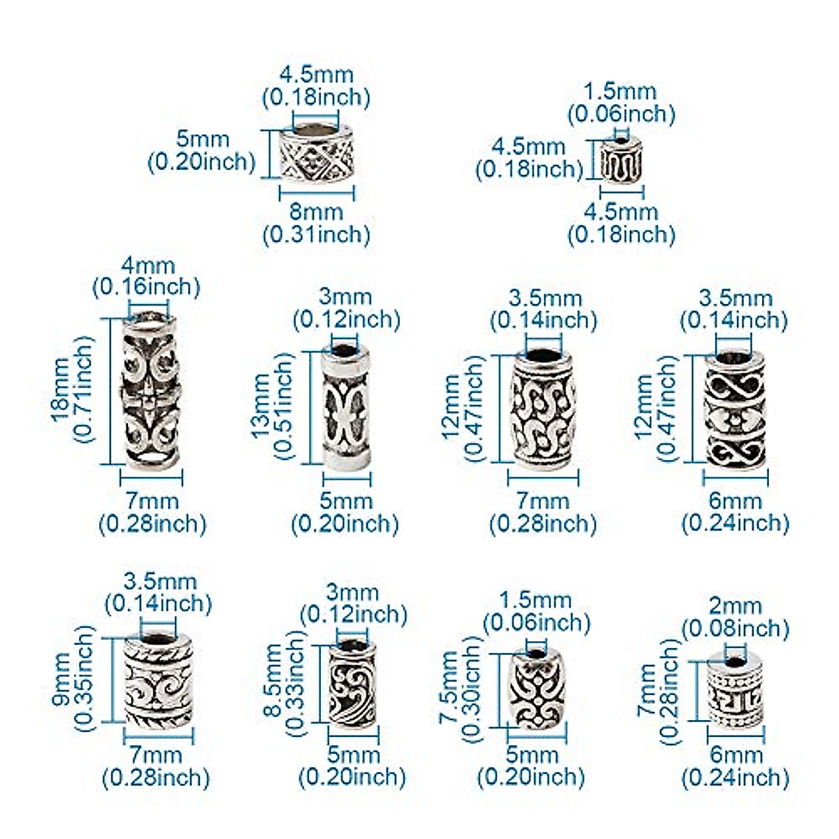 KISSITTY 300pcs/Box Tibetan Antique Silver Column Spacer Beads Tube Charm Beard Beads for Men 4.5mm-18mm for DIY Jewelry Craft Making 1.5mm-4.5mm Hole
