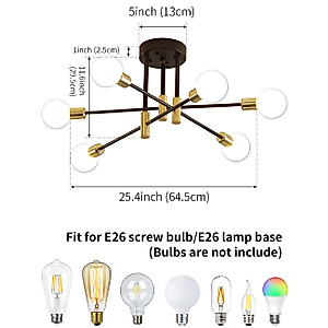 Sputnik Chandelier Modern Ceiling Light Fixture Mid Century Black and Gold Industrial Pendant Light Semi Flush Mount Lighting for Living Room Dining Room Bedroom Kitchen Bar Cafe