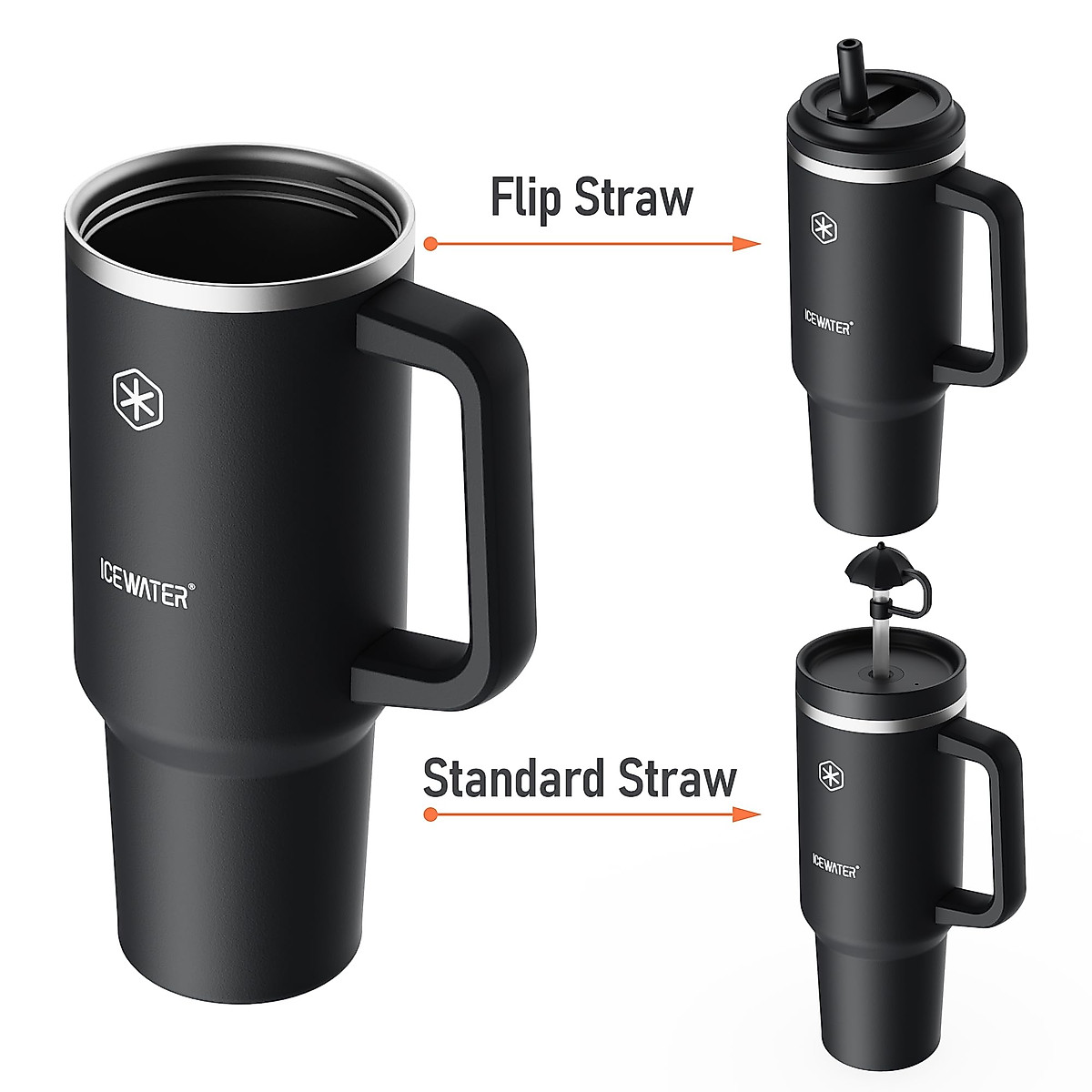 ICEWATER 40 oz Tumbler with 2 Lids (Flip & Standard Straw),100% Leak Proof Insulated Tumbler with Handle, Cup Holder Friendly, Stainless Steel Water Bottle, Gifts for Women & Men (Midnight Black)