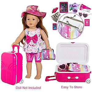HOAKWA American 18 Inch Doll Accessories Suitcase Travel Set, 18 Inch Doll Clothes and Accessories, Doll Suitcase Include Case, Doll Outfits, Hat, Sunglasses, Camera, Unicorn Pillow, Toy Pet, etc