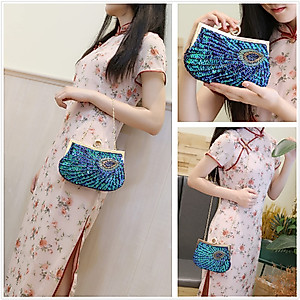 Peacock Evening Bag Sequins Beaded Clutch Purse with Ring Lock Closure for Wedding Party Peacock Blue