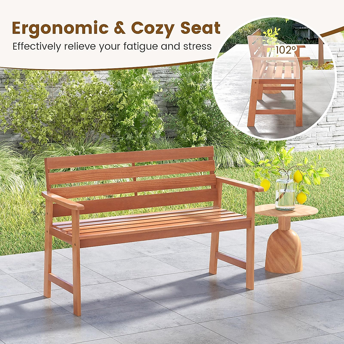 Tangkula 48 Inch Hardwood Patio Bench, Wood 2-Seat Chair with Breathable Slatted Seat & Inclined Backrest, Ergonomic Outdoor Loveseat for Backyard, Balcony, Garden