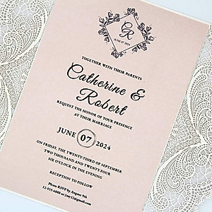 Picky Bride 25-Pack White Lace Laser Cut Wedding Invitations with Blush Pink Shimmer Insert, Elegant Invite Cards for Wedding/Sweet Sixteen/Baby Shower/Bridal Shower/Birthday Party