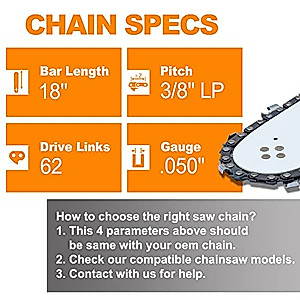 SUNGATOR 3-Pack 18 Inch Chainsaw Chain SG-S62, 3/8" LP Pitch - .050" Gauge - 62 Drive Links, Compatible with Craftsman, Ryobi, Homelite, Poulan
