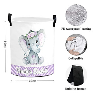 Purple Elephant Personalized Freestanding Laundry Hamper, Custom Waterproof Collapsible Drawstring Basket Storage Bins with Handle for Clothes