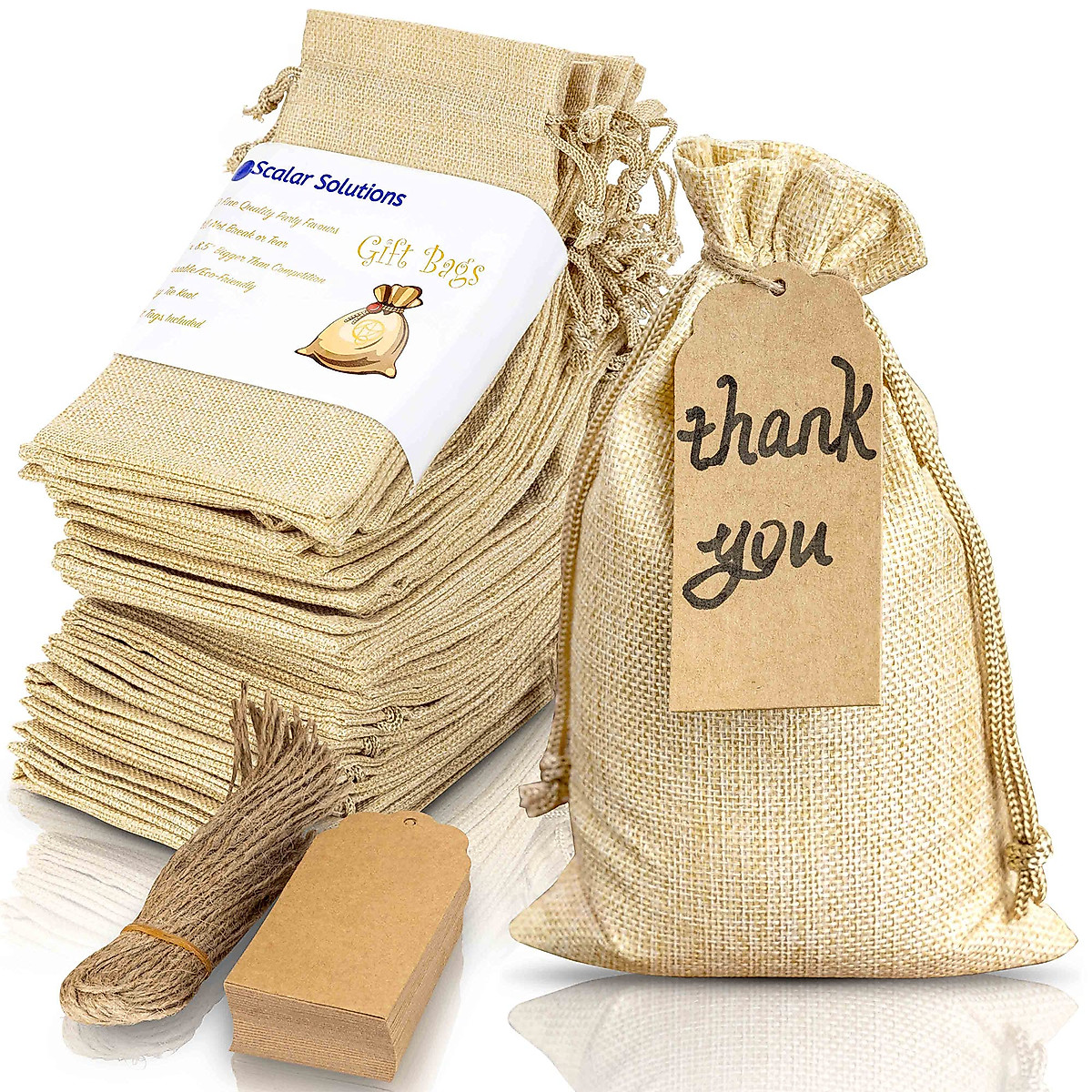 SCALAR SOLUTIONS 50 PCS Burlap Gift Bags - EASY TIE KNOT, WON’T BREAK OR TEAR, Large 5” x 8.5” Hessian Jute Linen Fabric Muslin Bags with Drawstring
