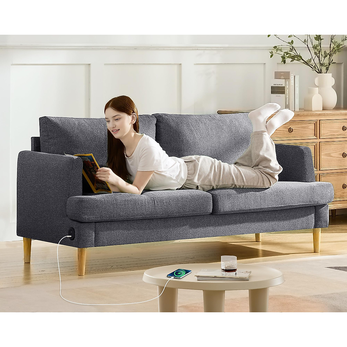 Busaurus 70" Loveseat Sofa, Mid Century Modern Couch for Small Spaces, 2 Seater Linen Fabric Sofa Upholstered Love Seat Couches with Comfy Pillows & USB for Living Room, Bedroom, Apartment, Dark Grey