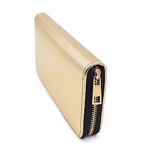 Premium Vegan Saffiano Leather Continental Zip Around Wallet, Gold