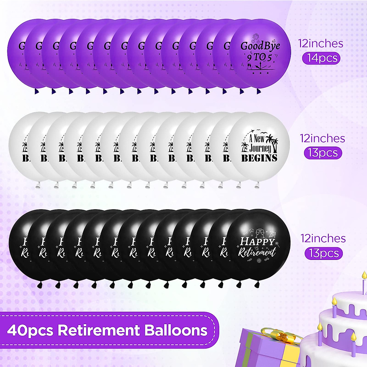 40 PCS Purple Retirement Decoration Balloons, Purple and Black Latex Balloons for Women Men Female Friends Happy Retirement Theme Party Office Farewell Indoor Outdoor Party Supplies, 12 Inch