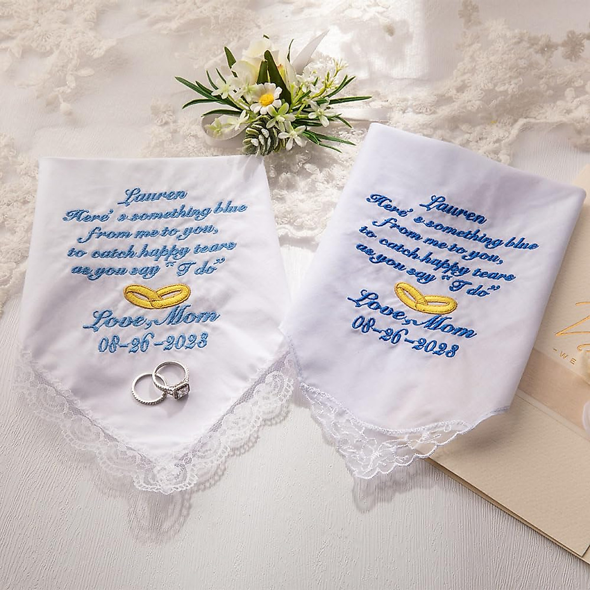 Personalized Wedding Handkerchief Something Blue Wedding Gift from Mom to Daughter Lace Handkerchief Mother Of Bride Gift Custom Printed Bridal Handkerchief Bride Handkerchiefs Embroidered Hankie