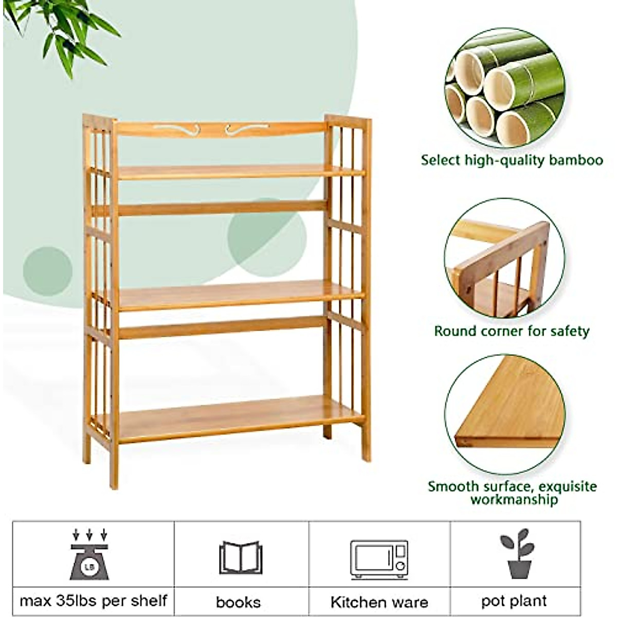 C&AHOME Bamboo Shelf, 3-Tier Bookshelf Bookcase, Free-Standing Storage Shelf, Plant Flower Stand, Max Load 35LBS Per Shelf, Utility Shelf Rack for Living Room Bathroom Kitchen Home Natural