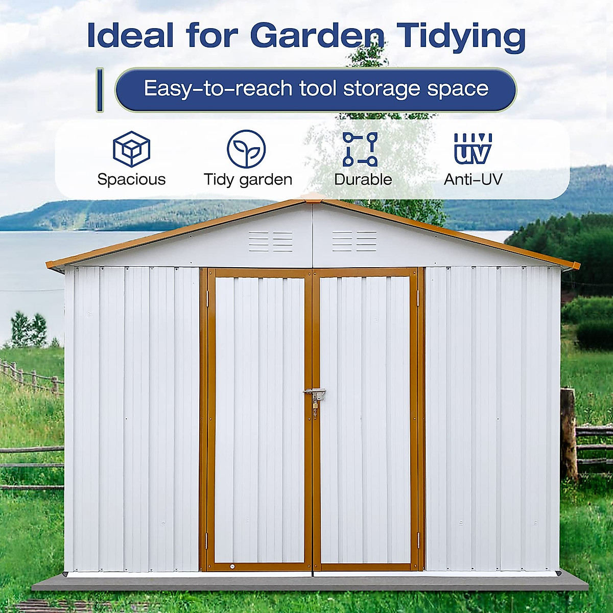 Lyromix 8' × 6' Metal Outdoor Storage Shed with Door & Lock, Waterproof Garde Storage Tool Shed with Base Frame for Backyard Patio,White-Yellow