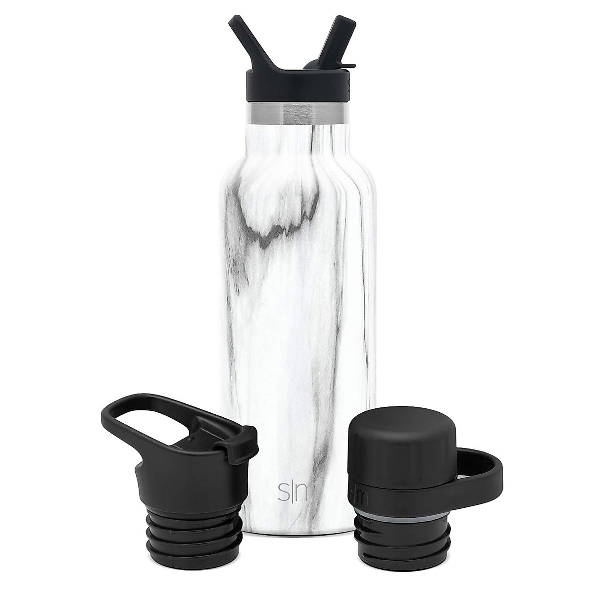 Insulated Water Bottle with 3 Lids: Straw, Flip, and Chug - Small Reusable Ascent Narrow Mouth Stainless Steel Thermos Flask, Pattern: Carrara Marble, 17oz with 3 Lids