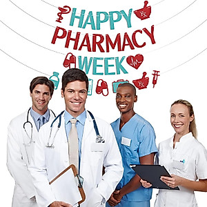 Happy Pharmacy Week Banner - Pharmacy Appreciation Week Decorations, Thank You Pharmacist Bunting Sign, Pharmacy Week Staff Party Decor Blue Red Glitter