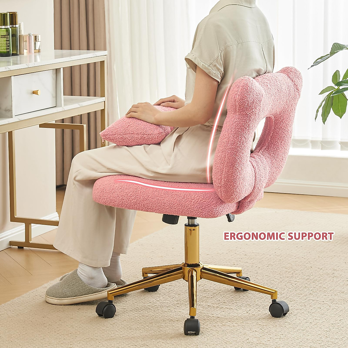 Furniliving Cute Vanity Desk Chair, Armless Home Office Desk Chair Height Adjustable with Wheels Upholstered Pillow for Makeup Room for Girls, Sherpa Pink