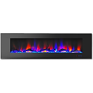 Cambridge 72 Inch Wall Mount Electric Fireplace Heater with Remote Control, Multicolor Flames, and Driftwood Log Display for Indoor Use in Living Room, Bedroom, Home Office, Black