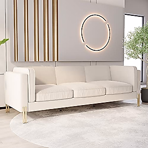 Kadway Mid-Century Modern Sofa Couch for 3-4 Persons, 95" Velvet Sofa with Gold Legs Large Load Upholstered 3 Seater Couches Sectional Couch Deep Seat Sofa for Living Room Office Beige