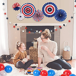 Risshine 4th/Fourth of July Patriotic Party Decorations Set- Red White/Silver Blue Star Streamers and 6Pcs Red White Blue Hanging Paper Fans for American Independence Day Party Decor Supplies
