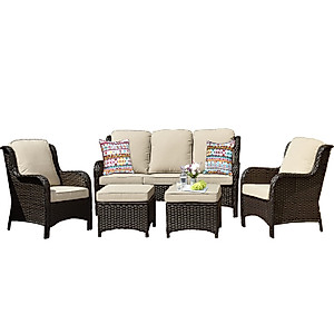 XIZZI Patio Furniture Set Outdoor Conversation Sets 5 Pieces All Weather Wicker Patio Conversation with High Back Sofa and 2 Chairs and 2 Ottomans for Garden,Backyard and Deck,Brown Wicker Beige