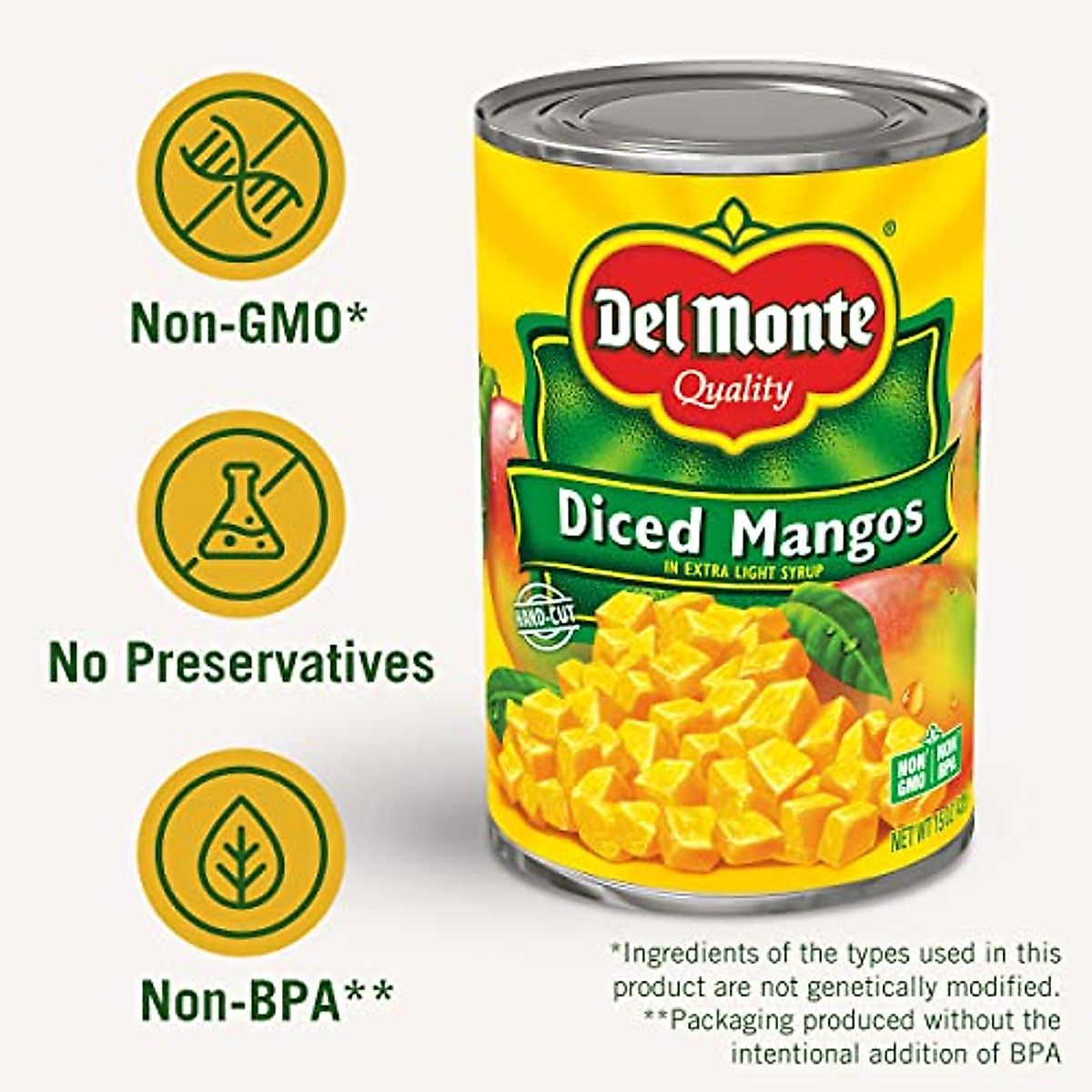 Del Monte Diced Mango in Extra Light Syrup, Canned Fruit, 12 Pack, 15 oz Can, Yellow