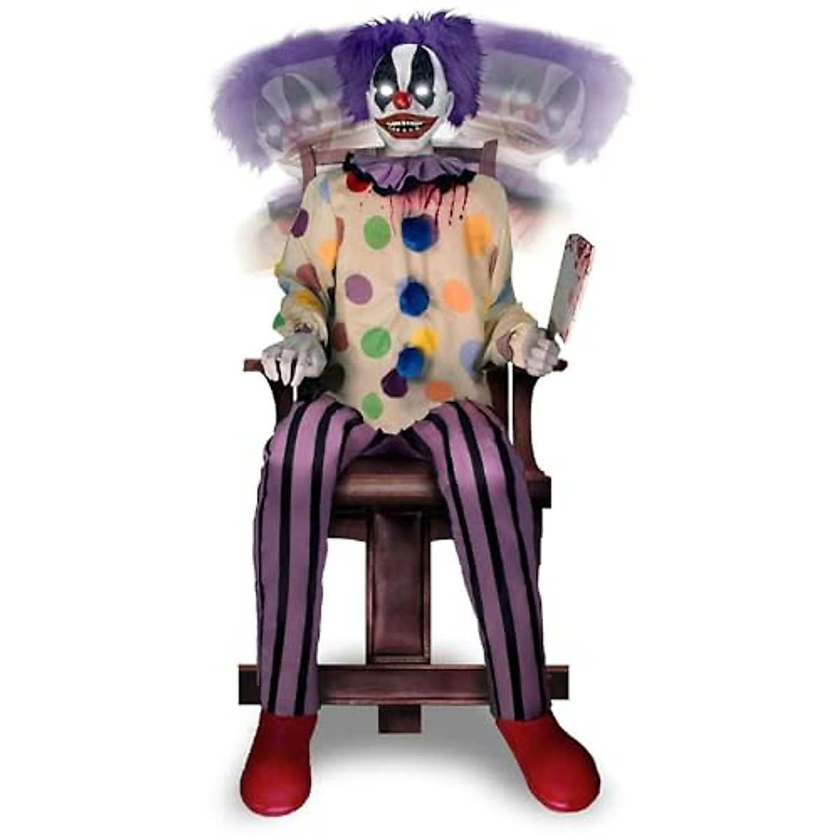 Haunted Hill Farm Motion-Activated Thrashing Clown with a Meat Cleaver by Tekky, Sitting Scare Prop Animatronic for Indoor or Covered Outdoor Creepy Halloween Decoration, Plug-in or Battery Operated
