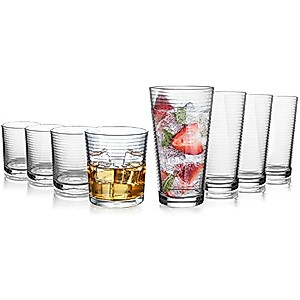 Drinking Glasses - Set of 8 Glass Cups, 4 Highball Glasses (17oz) 4 Rocks Glasses (13oz) Ribbed Glasses for Mixed Drinks, Water, Juice, beer, Wine, Excellent Gift!