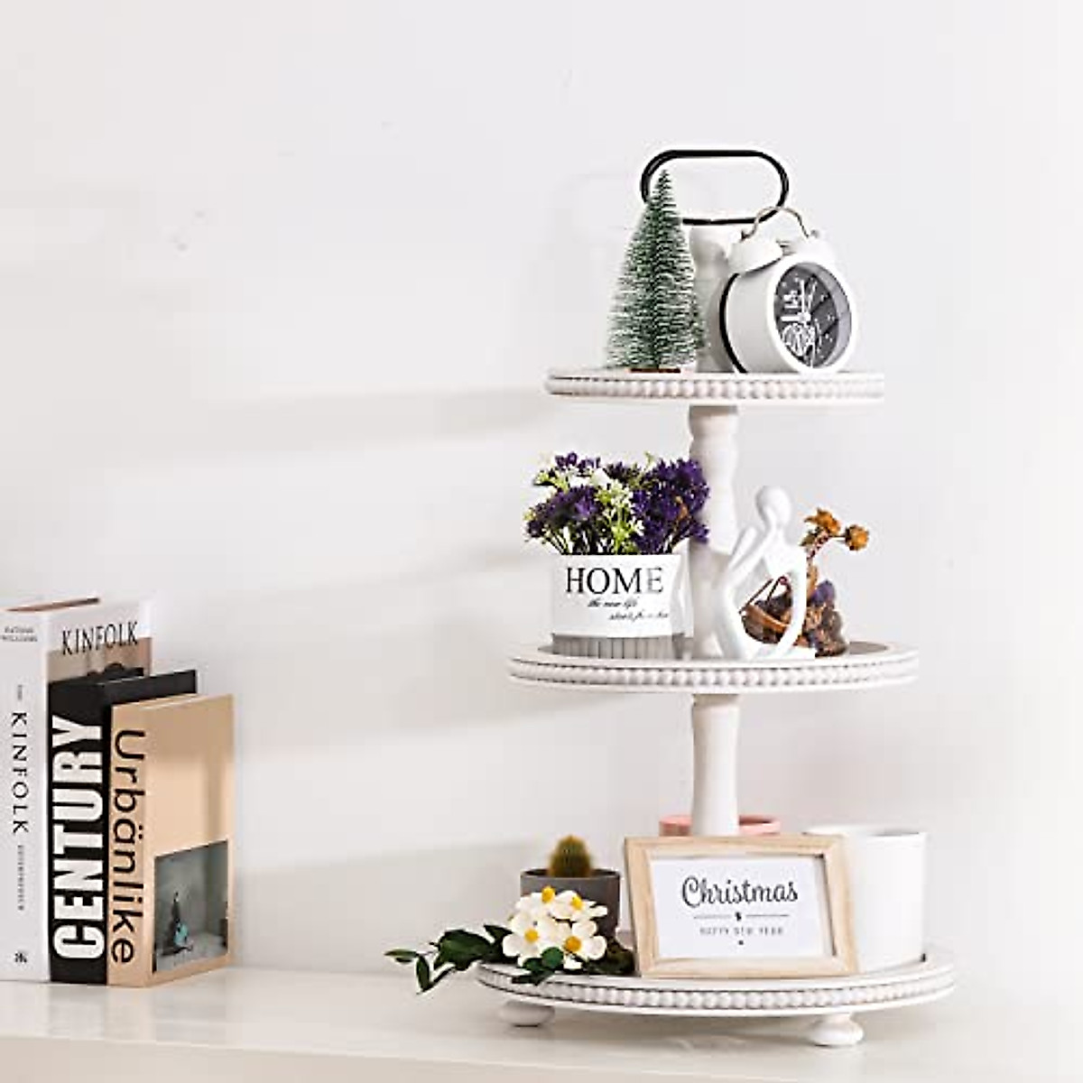 Urban Deco Wooden Tiered Tray 3-Tier Decorative Tray Stand Farmhouse Serving Tray, Round Wooden Cupcake Display Stand with Metal Handle, White Tiered Fruits Tray for Home Party Decorations