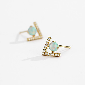 S925 18K Gold Plated Dainty Opal Stud Earrings Cubic Zirconia Chevron Accented Green Opal Sterling Silver Women's Earrings