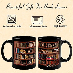 Kovan Library Bookshelf Mug Book Lovers Coffee Mug Library Mug for Cat and Book Lover Book Coffee Mug Book Mug Bookworm Mug Book Club Cup - Gifts for Readers Bookish Black Mug 11Oz With Keychain